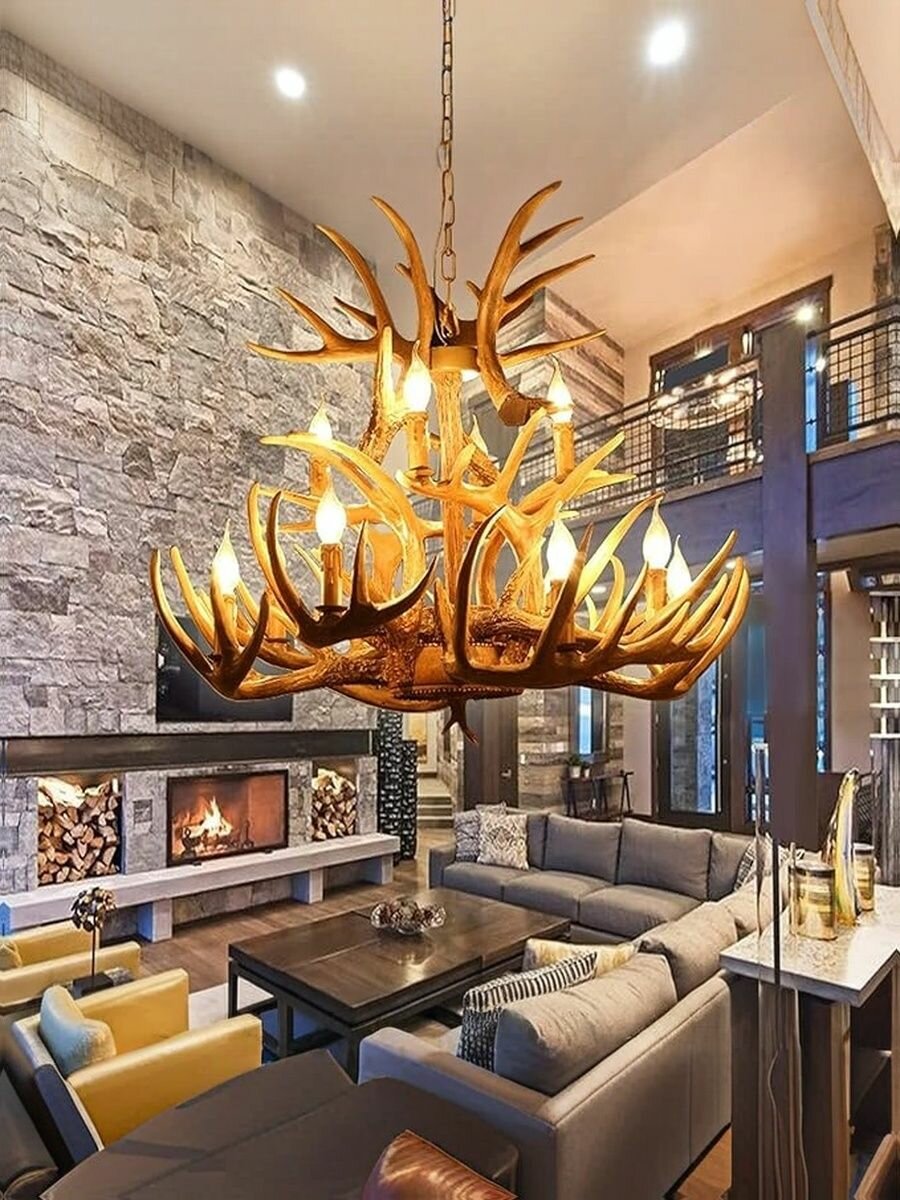 Люстра из оленьих рогов большая двухслойная, освещение из смоляного рога оленя 12 огней, светильники для фермерского дома деревенские для столовой, гостиной, 15 рогов