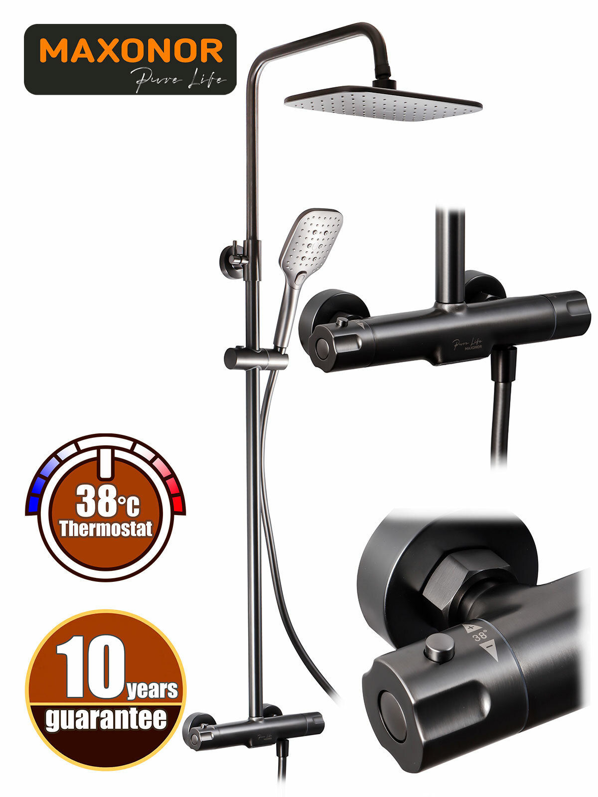 Душевая система с термостатом Maxonor PURE LIFE SUPERIOR PL2487-9 Графит матовый Латунь