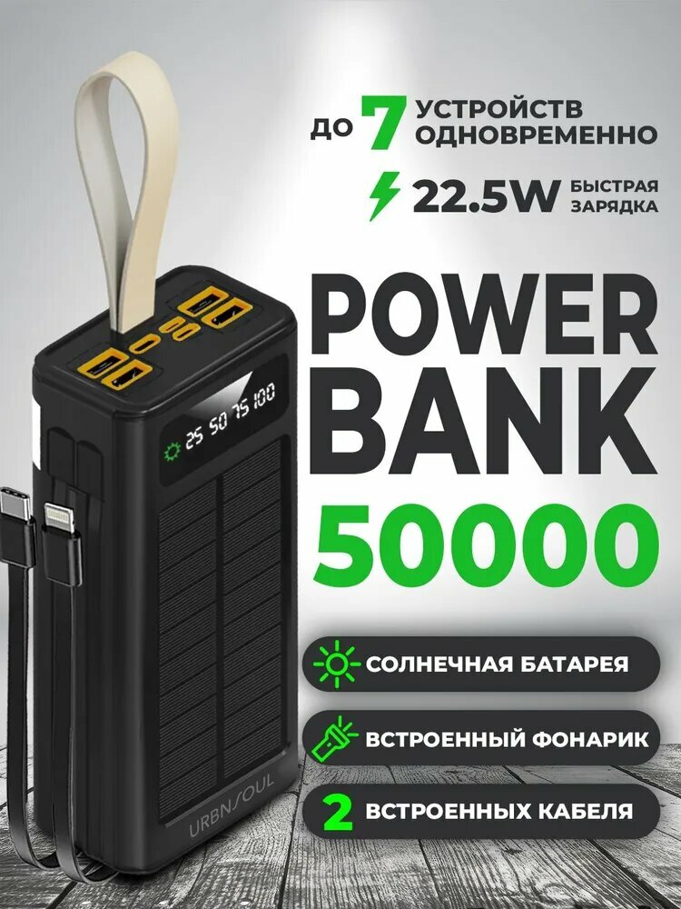 Повербанк 50000mAh с проводами с быстрой зарядкой, power bank 50000 портативный, внешний аккумулятор для ноутбука