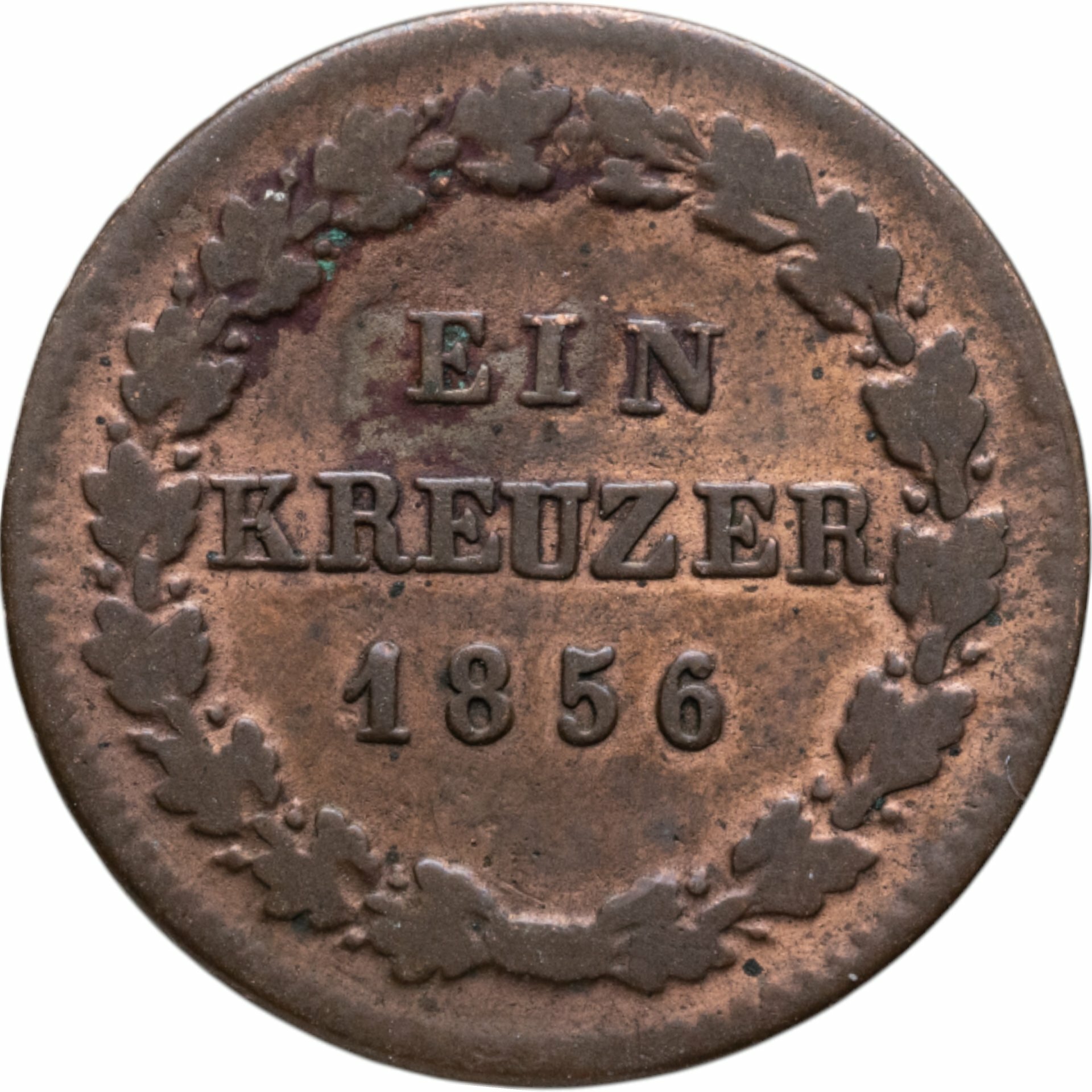 Германия, Нассау 1 крейцер 1856, Медь 375, в сохранности F-VF