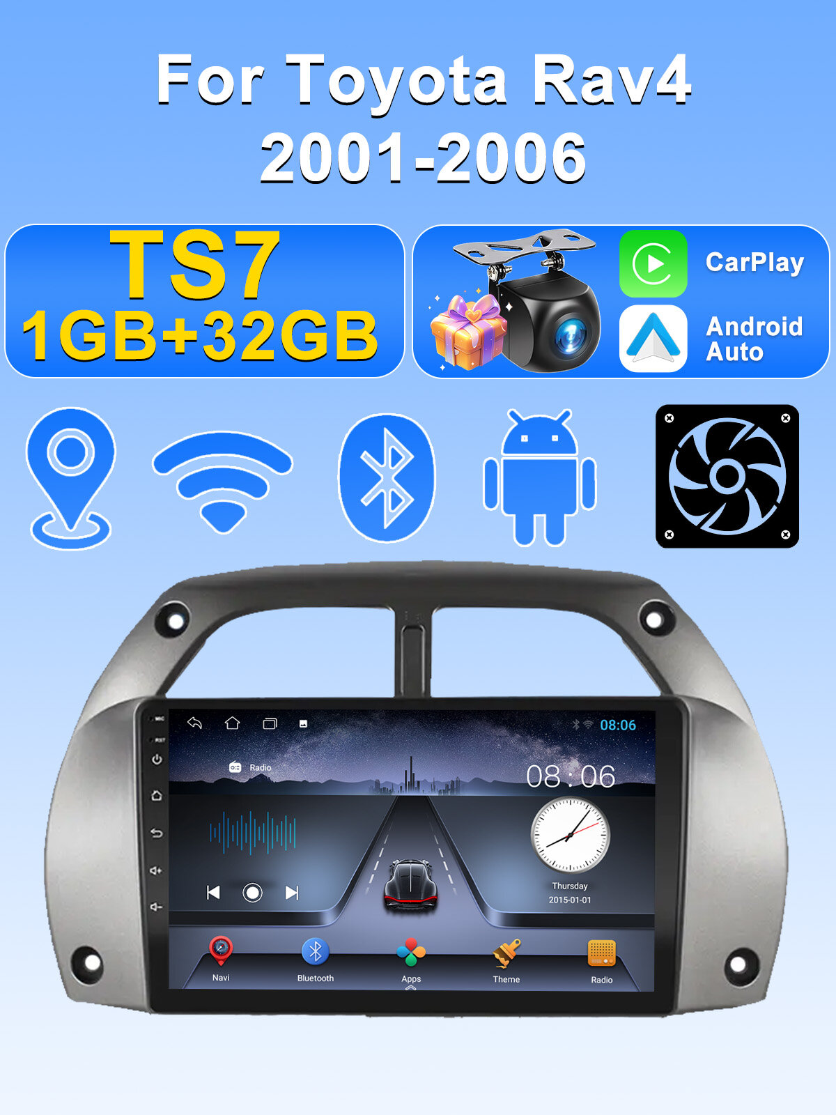 Магнитола для Toyota Rav4 2001-2006 , Автомагнитола для Тойота Rav4 ,2din android 1+32G Мультимедиа Bluetooth FM WIFI Автомобильный