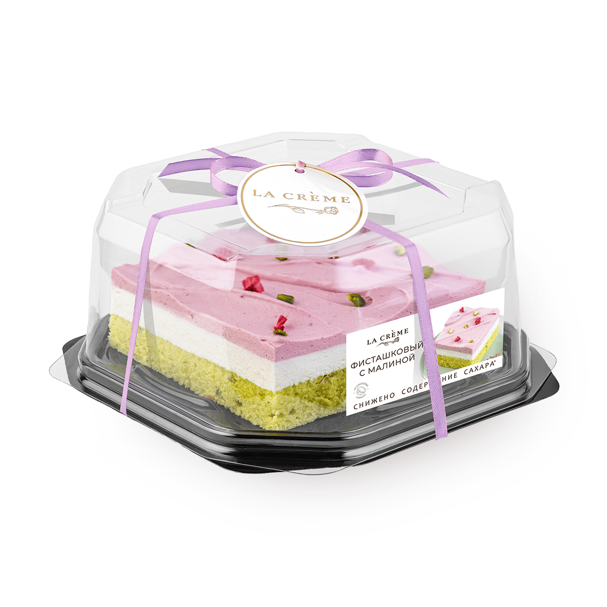 Торт LaCrème "Фисташковый", с малиной, бисквитный, 297 кКал, 41г углеводов, 13г жиров