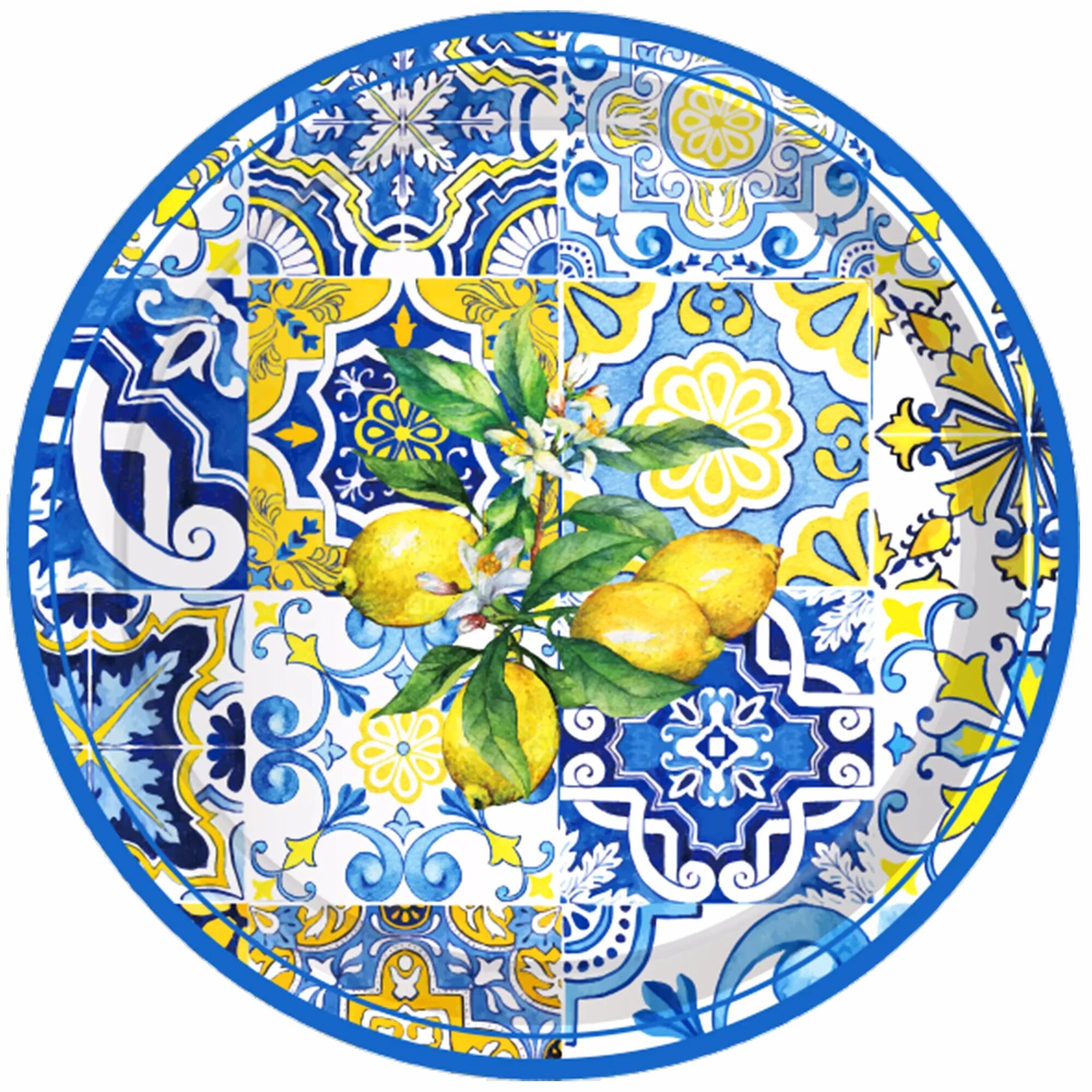 Набор Одноразовой Посуды Для Вечеринки С Лимоном Из Синего И Белого Фарфора - Бумажные Тарелки, Чашки, Салфетки