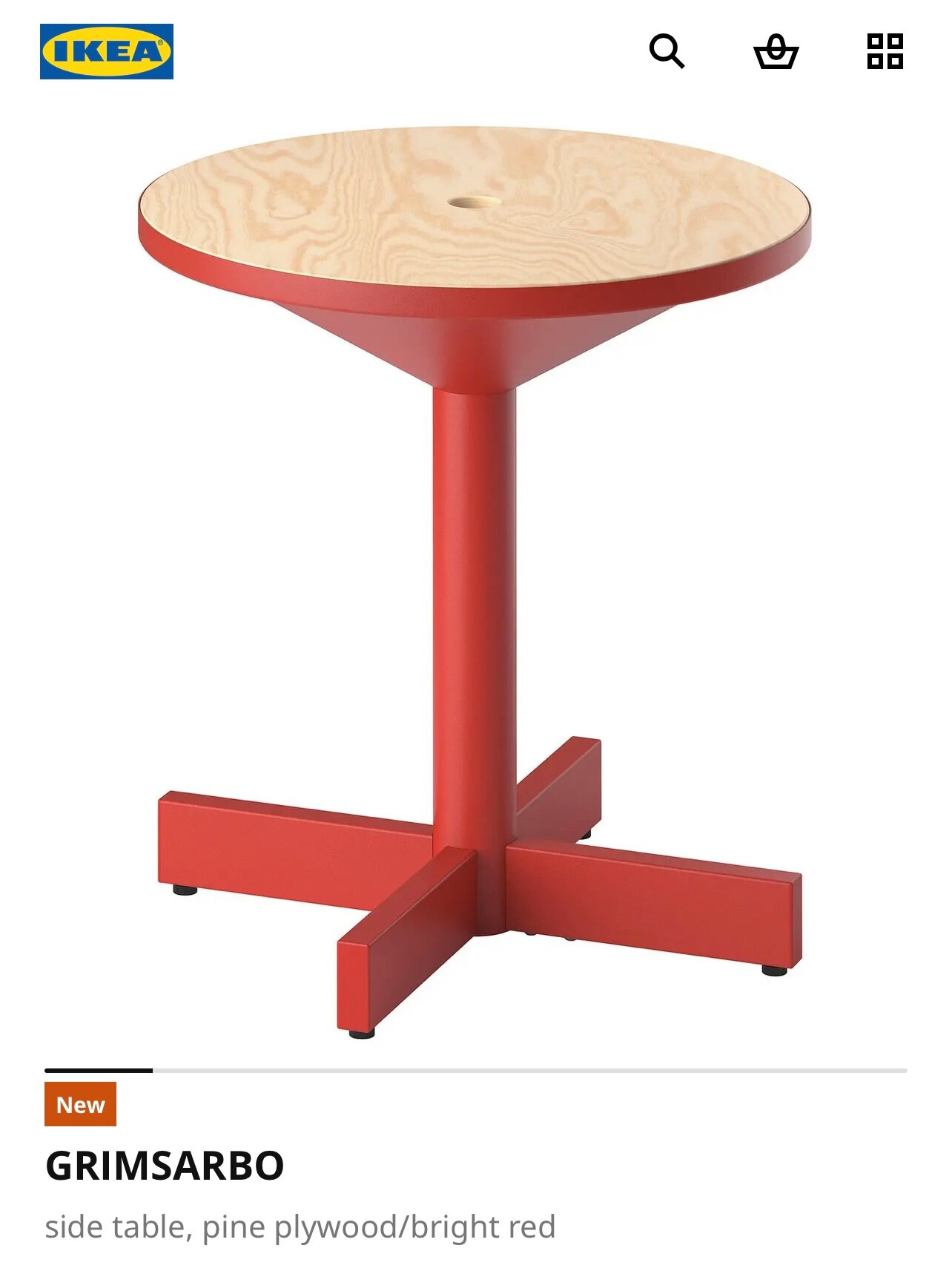 Приставной столик GRIMSARBO IKEA, диаметр 40 см, высота 43 см, ярко- красный, сосновая фанера/металл