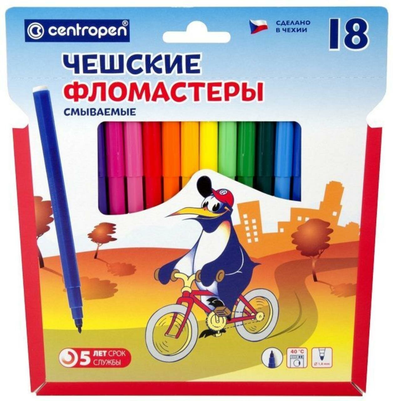 Фломастеры Centropen пингвины классические 18 цв. шестигранны корпус, стандартные, конверт