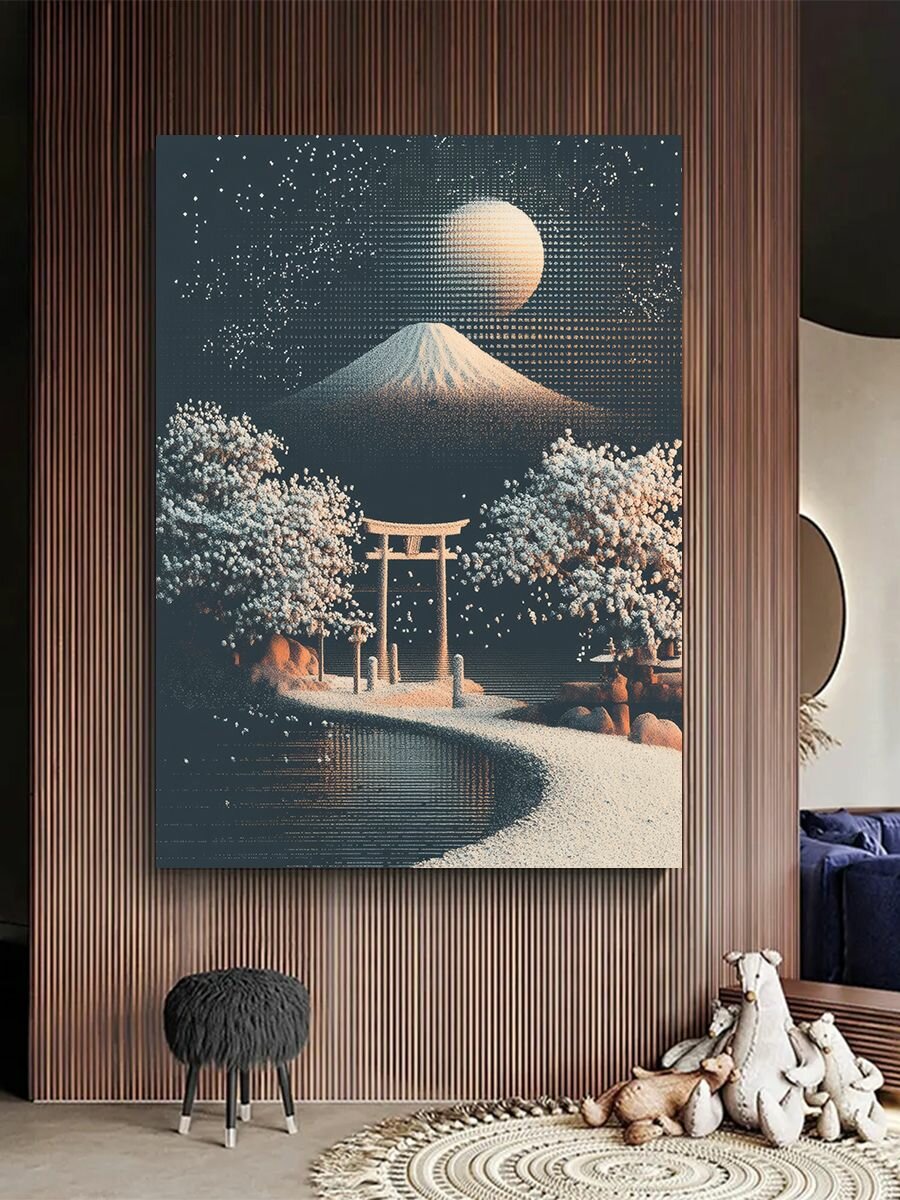 Картина на стену для интерьера - "Пейзаж в японском стиле / гора Фудзи и сакура" , 20х30 см.