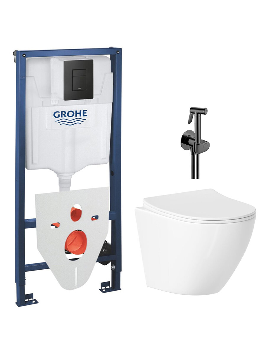 Инсталляция с унитазом и гигиеническим душем: унитаз Helmken 35490101, инсталляция Grohe, шумоизоляция, гиг. душ