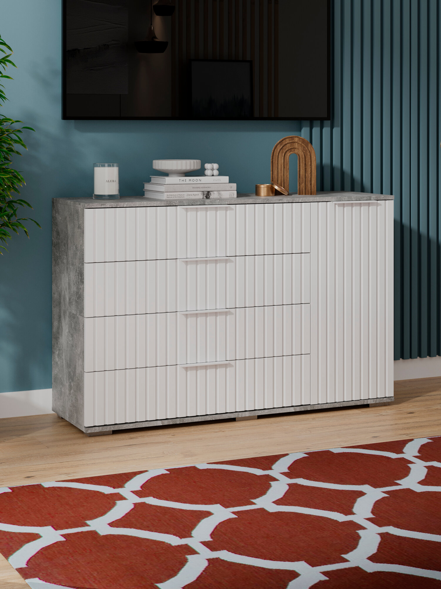 Комод комбинированный с ящиками Хилтон (Ателье светлый/Белый матовый)