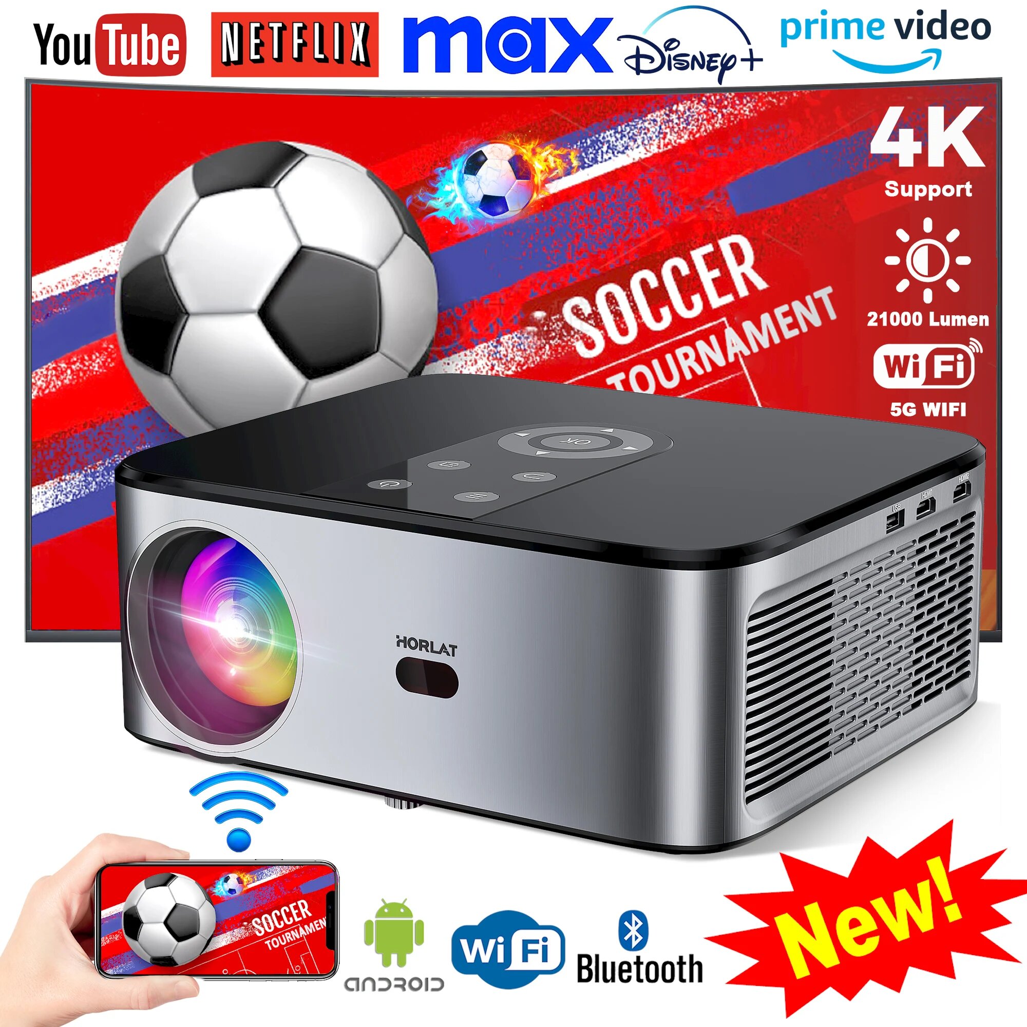 HORLAT Android 4K проектор 32G проектор Full HD 1080P 8K видео аудио домашний кинотеатр автофокус Keystone 5G WiFi портативный проектор, 32G Auto Focus, вилка ЕС