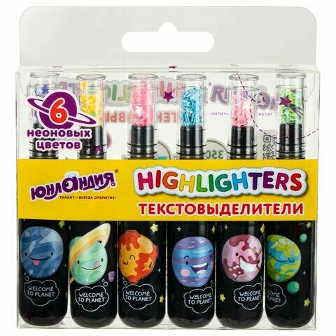 Набор текстовыделителей 6 неоновых цветов, юнландия "космос", линия 1-5 мм, 152512