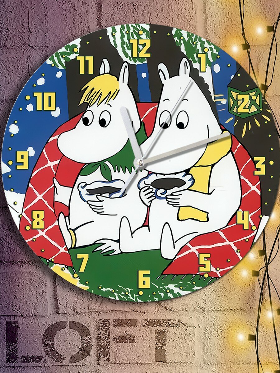 Настенные часы УФ с принтом мультфильм Муми тролли (Moomin, Снусмумрик, Туве Янссон, милота, для детей) - 7583