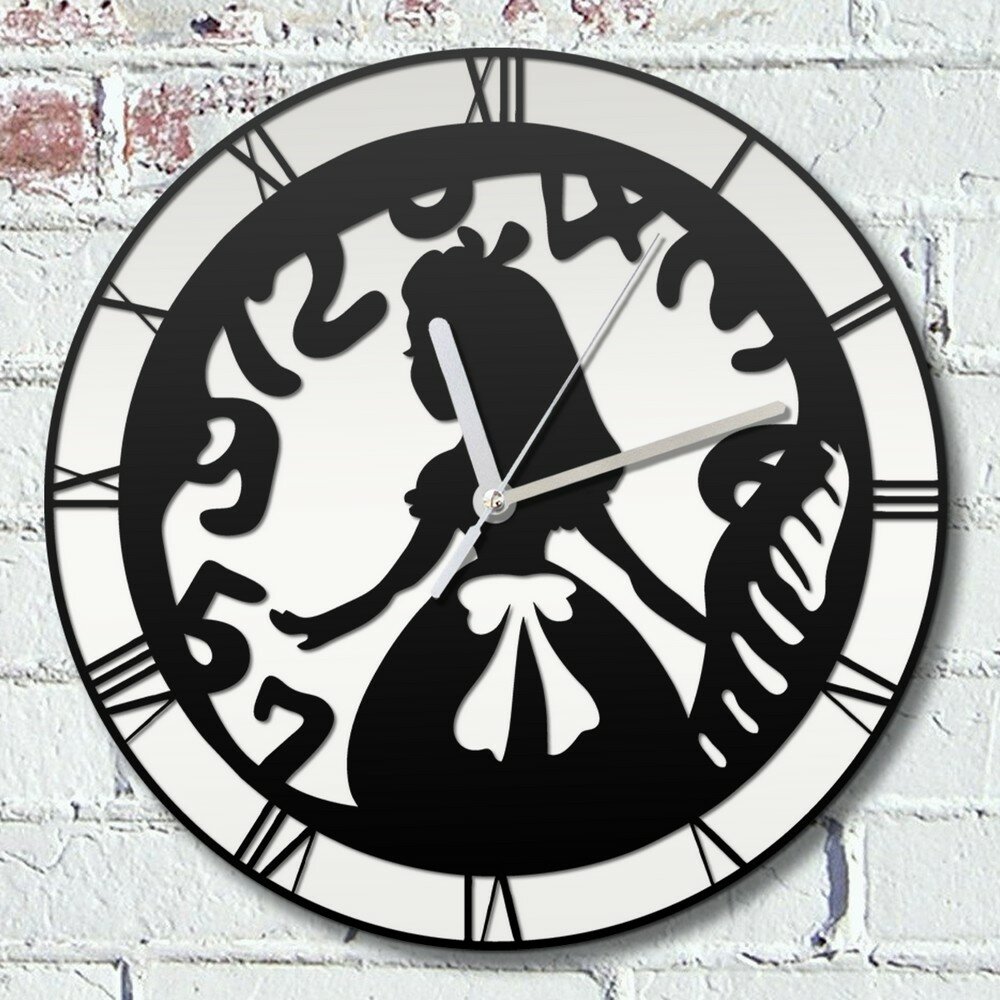 Настенные деревянные бесшумные часы сказки алиса в стране чудес (шляпник, чеширский кот, кролик, стимпанк) - 5064