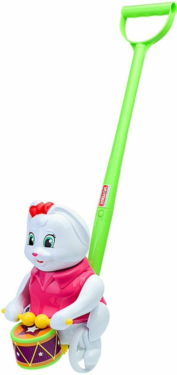 Детская каталка "Зайка" с ручкой и барабаном, развивающая игрушка для малышей, машинка-каталка для дома и улицы