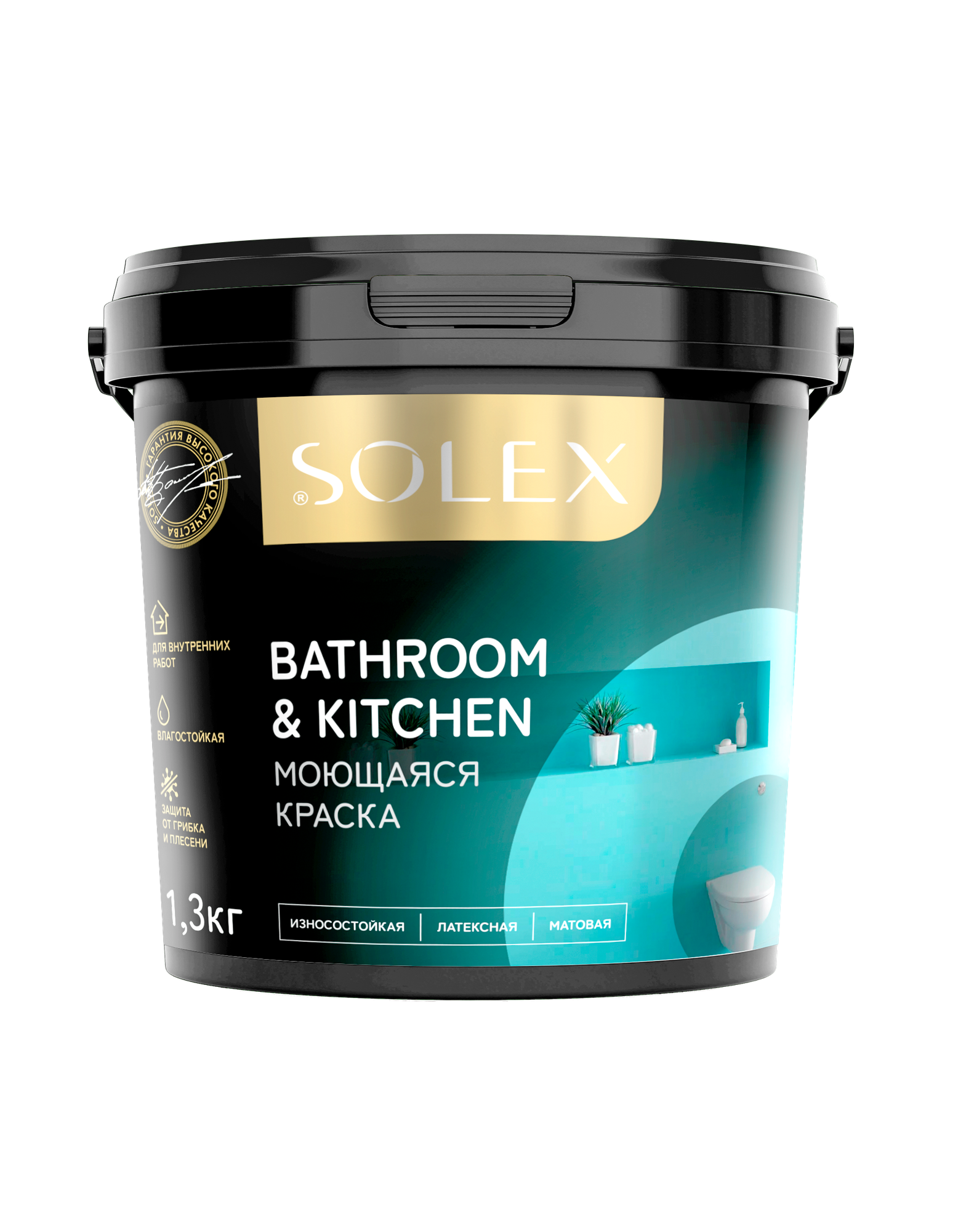 Краска водно-дисперсионная SOLEX, моющаяся BATHROOM & KITCHEN - 1,3 кг.