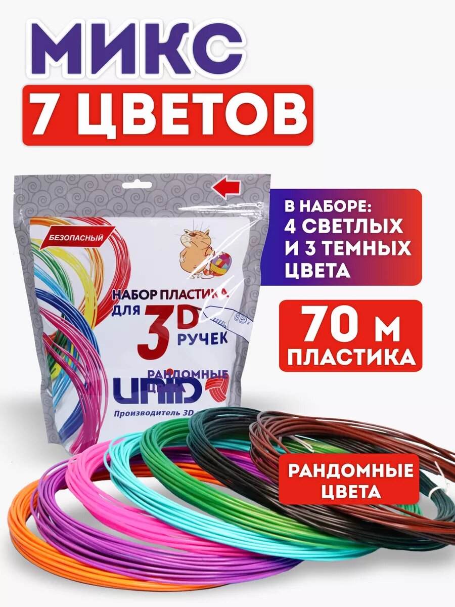 Набор пластика для 3D ручек PLA-MIX7 "UNID", 7 цветов по 10 м.