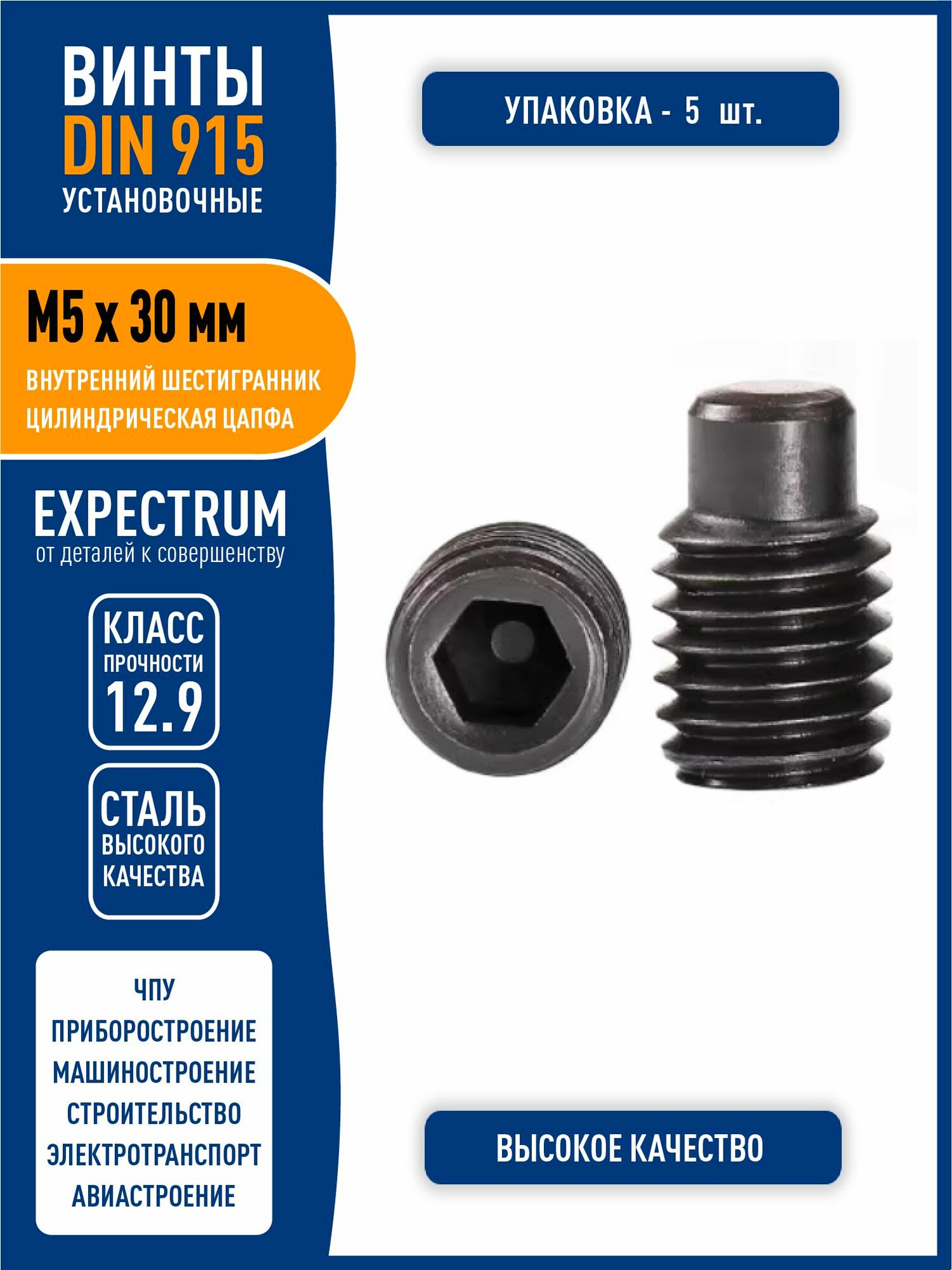 Винт установочный DIN 915 M5 х 30 мм с цилиндрической цапфой и внутренним шестигранником, сталь класса 12,9, черный, - 5 шт.