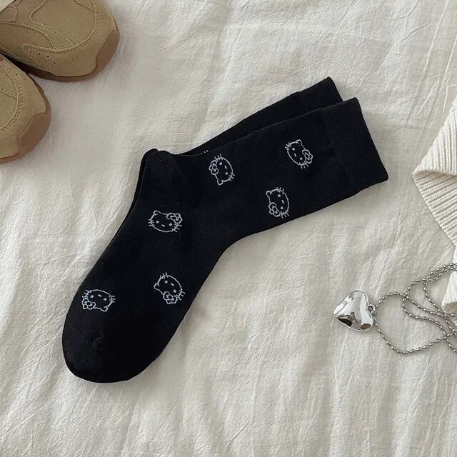Носки Y2K Hello Kitty для девочек, средние носки Kawaii Sanrio, аксессуары Hello Kitty, розовые черные, белые носки, женские и женские