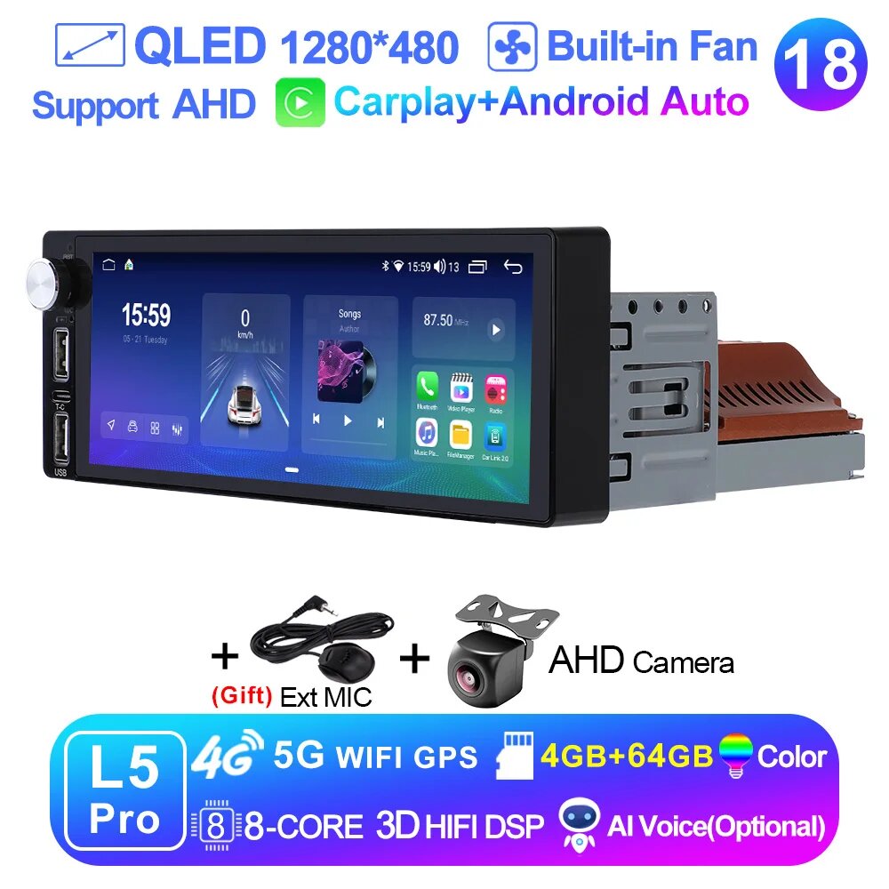 LEHX L6Pro 1 Din 6,9-дюймовый автомобильный Android-радио Мультимедиа Беспроводной Carplay авторадио Стерео GPS 1din dvd 4G LTE Сенсорный экран L5Pro(4-64GB)CAM