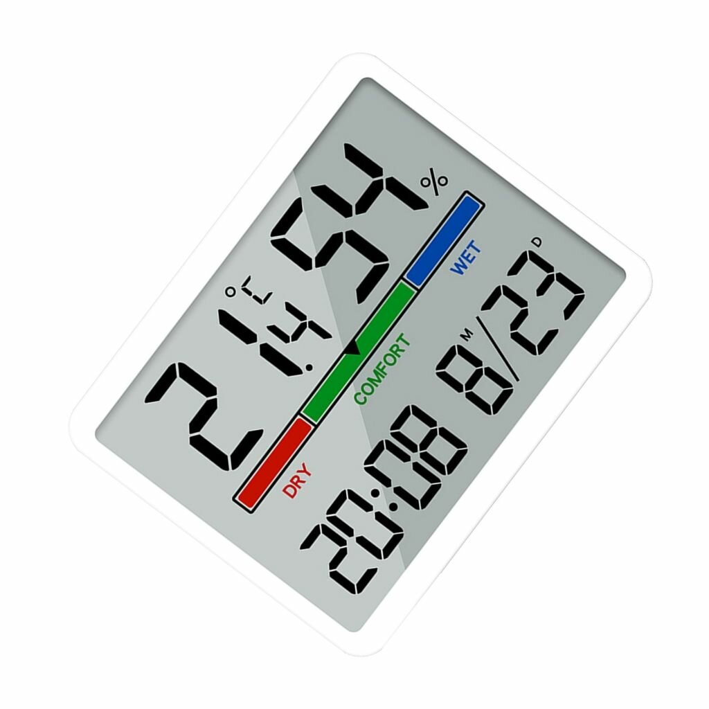 Цифровые настенные часы с большим дисплеем, датой и температурой, датчиком влажности. Идеально подходят для использования дома в офисе. Работает от батареи.