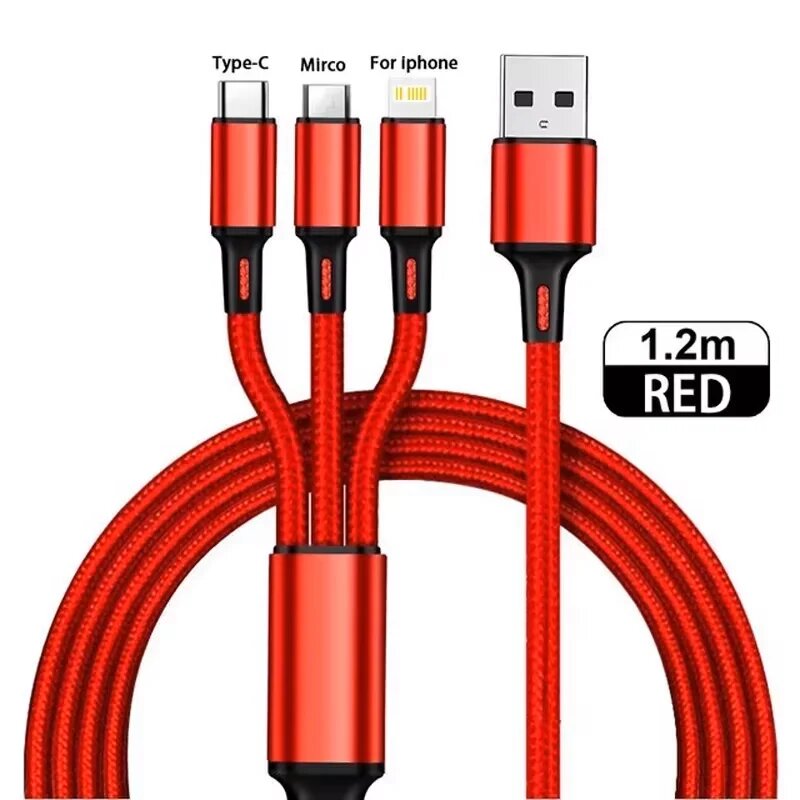 Красный USB 3-в-1 кабель 1.2м (Type-C, Micro, iPhone)