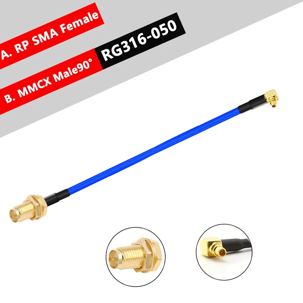Кабель коаксиальный RG316 SMA-MMCX синего цвета 10CM, RP SMA F to MMCX M90