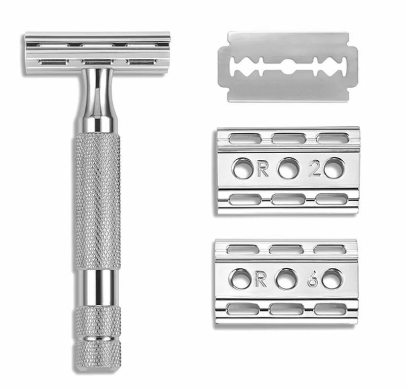 Т-образная бритва оснащена 3 режущими головками и 2 лезвиями.