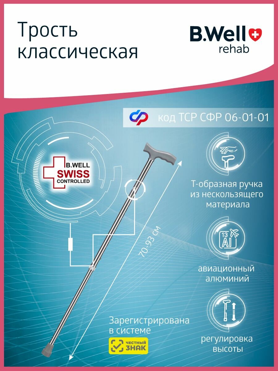 Трость для ходьбы опорная B.Well WR-411 для пожилых телескопическая цвет серебро