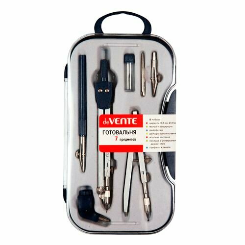 Готовальня 7 предметов для школы в пластиковом темно-синем футляре deVENTE, набор чертежный, циркуль, кронциркуль, рейсфедер, насадка, грифель в пенале