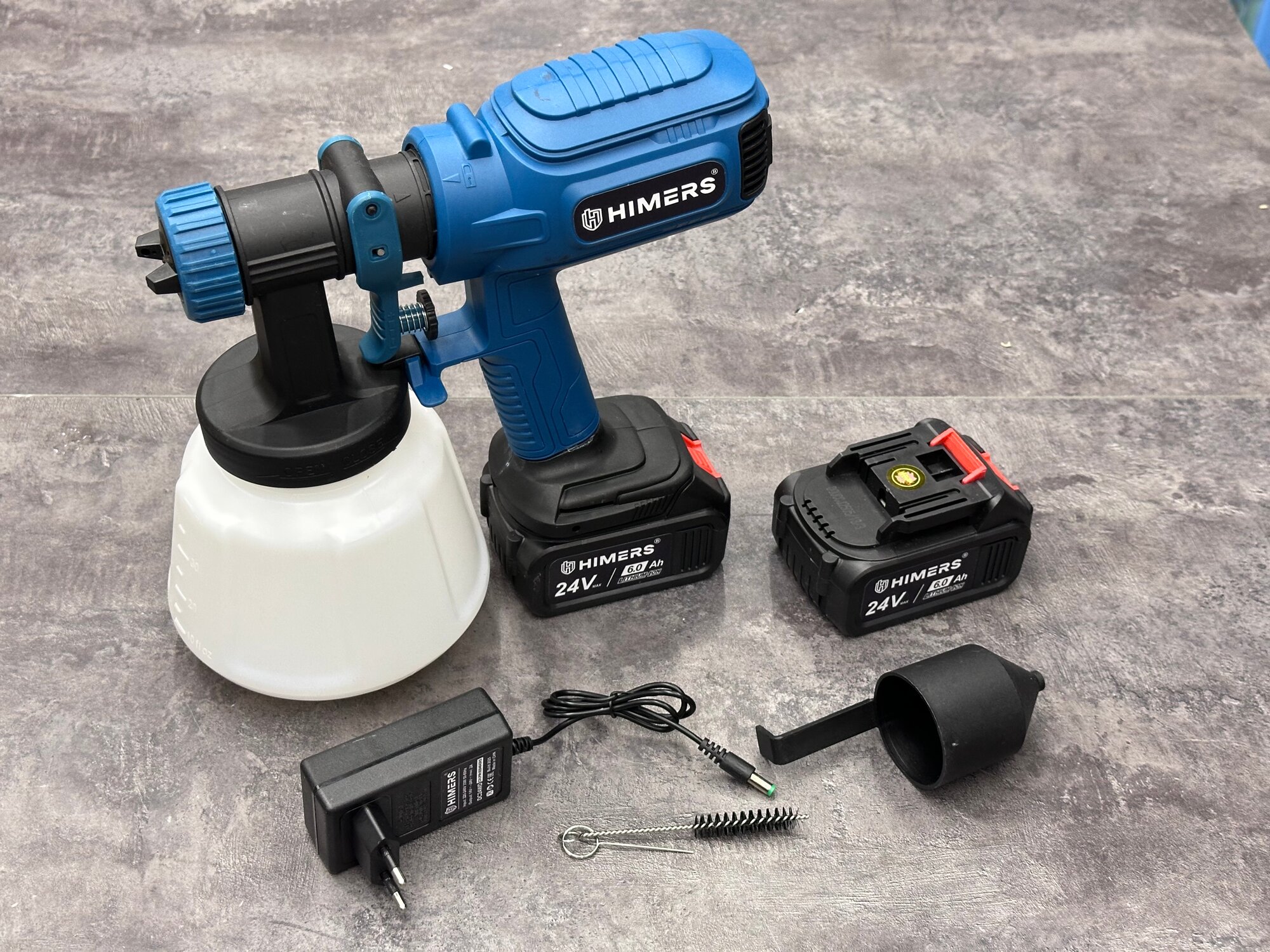 Краскопульт HIMERS DKR1600B аккумуляторный 24V, 2 АКБ по 6 А.ч, 1600вт, 1200 мл, уценка