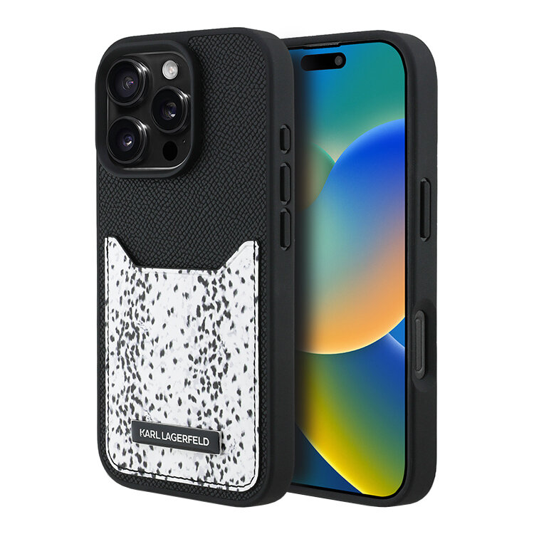 Karl Lagerfeld чехол с карманом для карт на iPhone 16 Pro Max, зернистая PU-кожа Leopard, черный