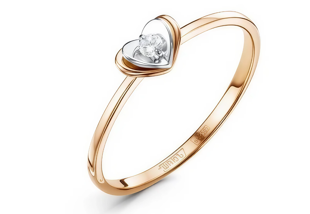 Кольцо помолвочное, тонкое, красное золото, 585 проба, родирование, фианит