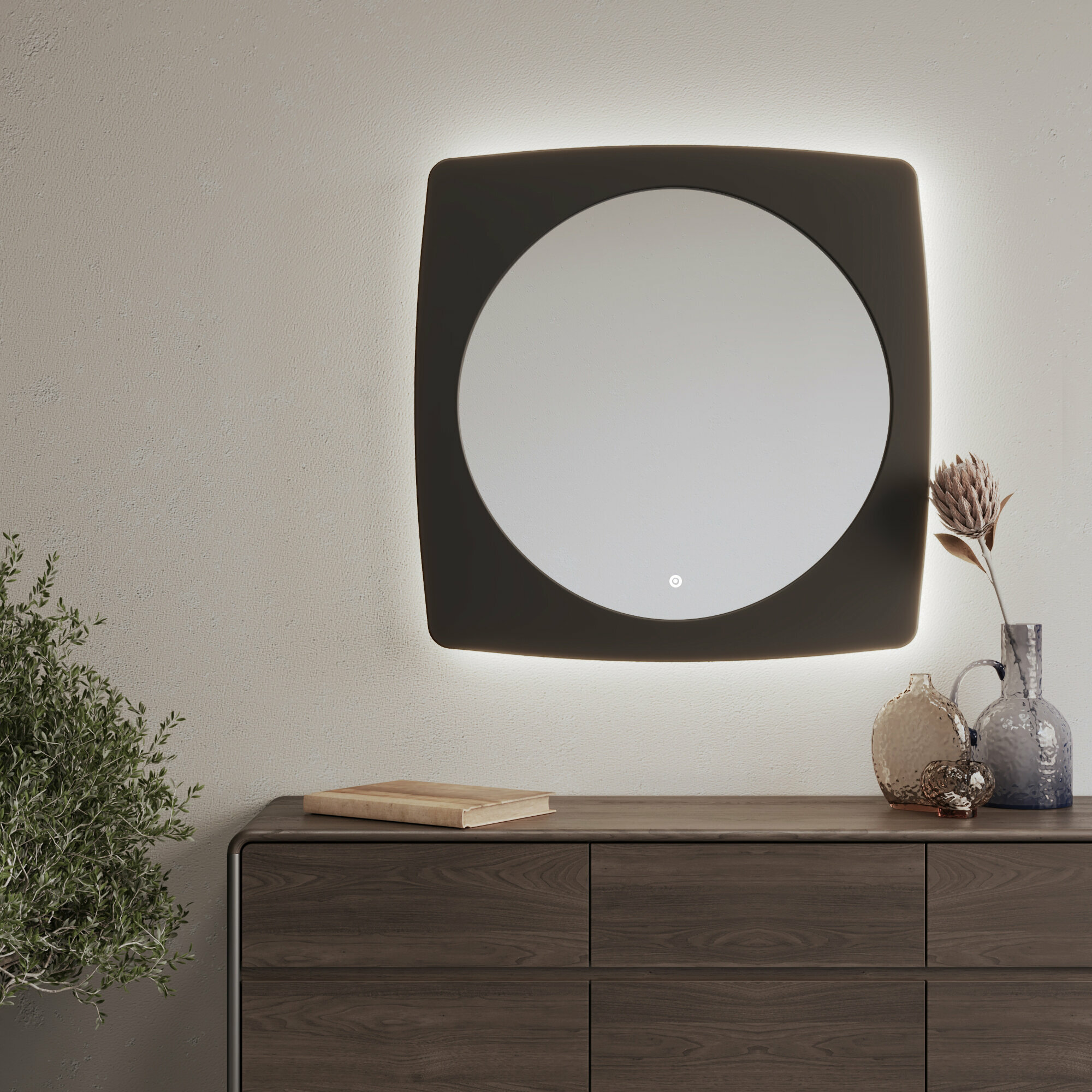 Большое зеркало в раме круглое Gloines Эстетик Сквот Лайт d110 черное