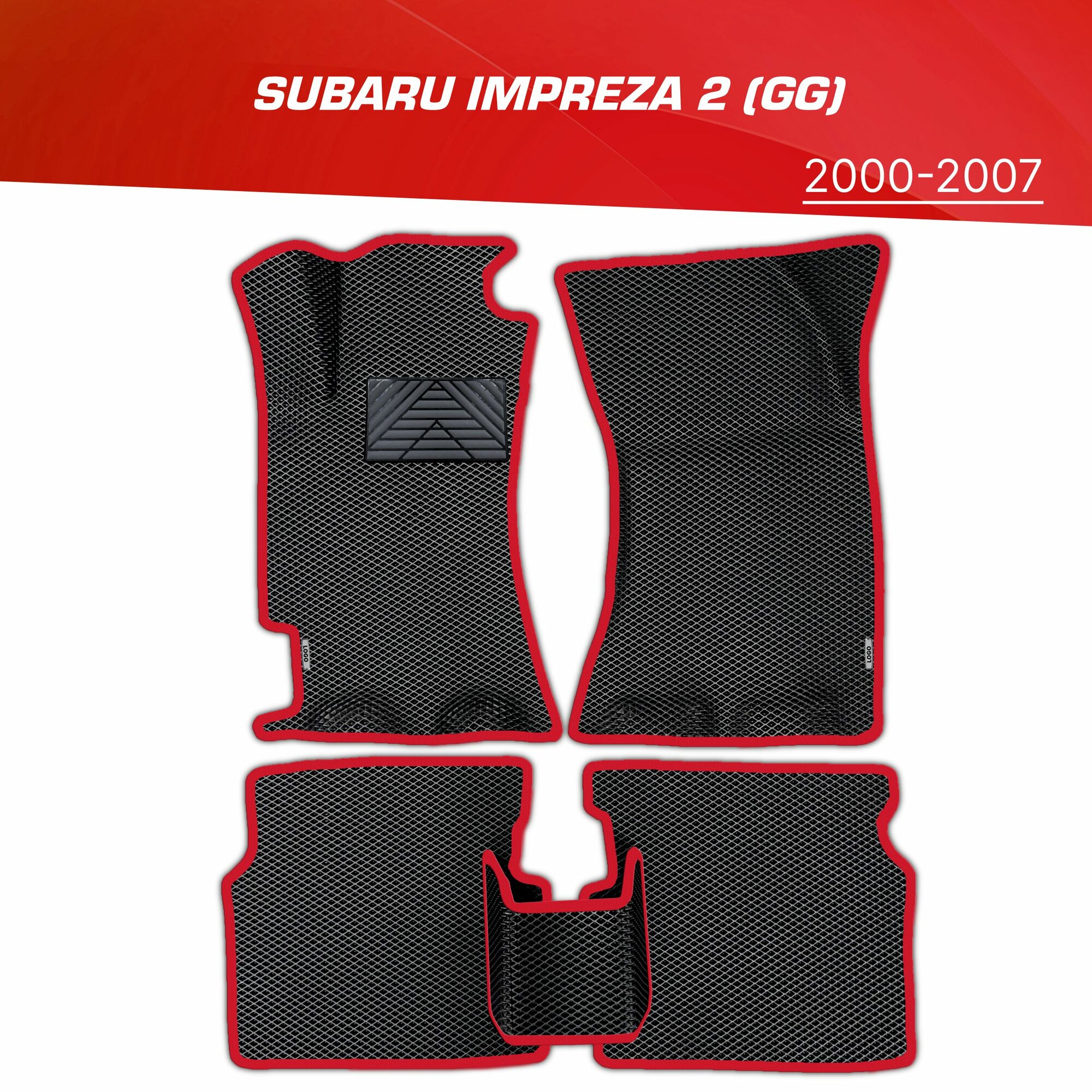 Коврики EVA (ЕВА) 3D Subaru Impreza II (GG) (левый руль) с подпятником +2 логотипа / Субару Импреза 2 (в т. ч. STI, WRX) (2000-2007)
