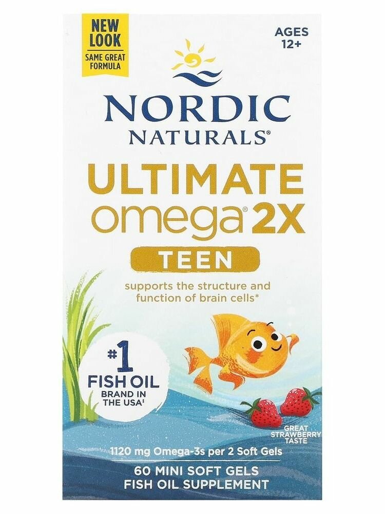 Рыбий жир для подростков, для детей от 12 лет, со вкусом клубники, 60 миникапсул, Nordic Naturals
