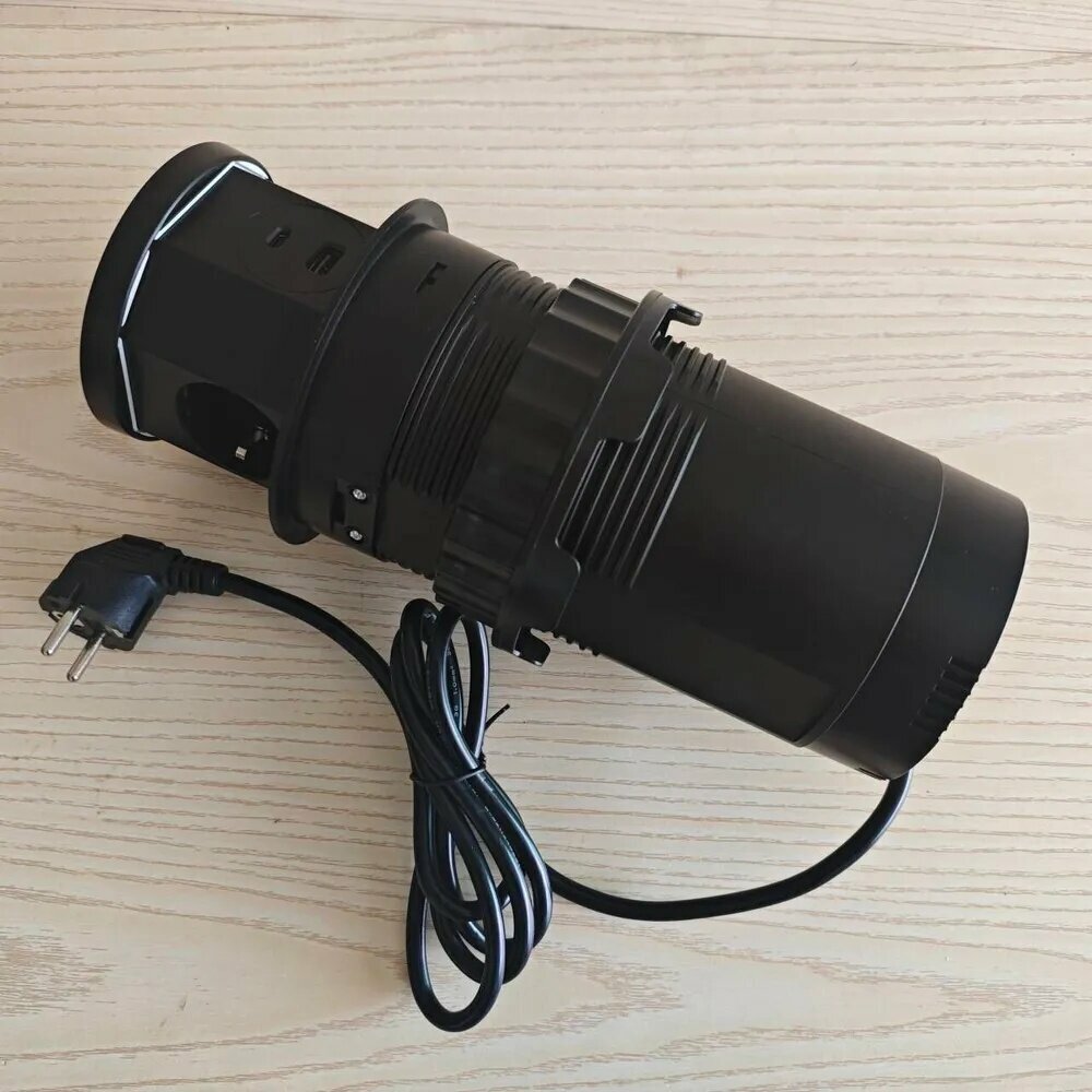 Встраиваемая выдвижная розетка для столешницы, беспроводной зарядкой 15 Вт, 3 розетки+ USB и TYPE-C, быстрая зарядка, с проводом 1,5 м---черное