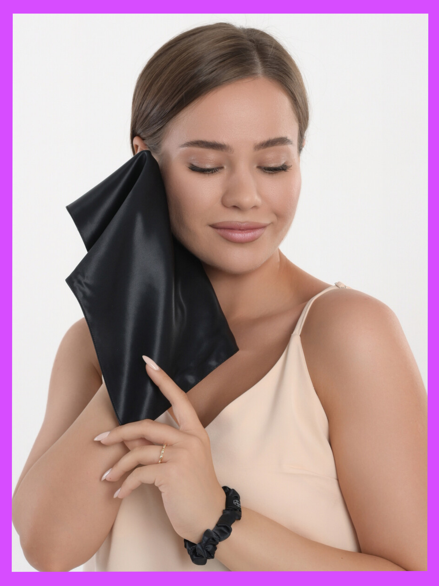 100% натуральный шёлк 22 момми/Набор: полотенце для лица, рук, резинка 2 см/черный цвет