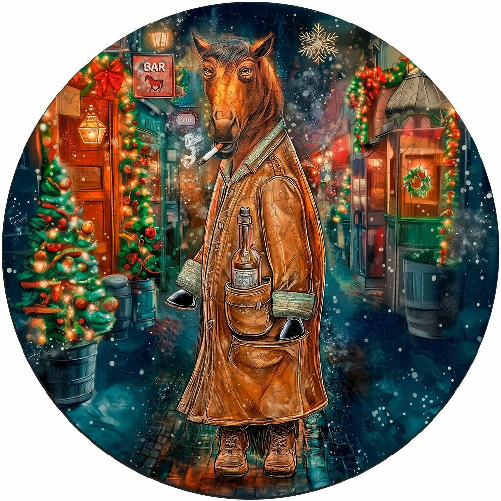 Деревянный пазл BoberBox "Конь в пальто 18+", круглый, символ года