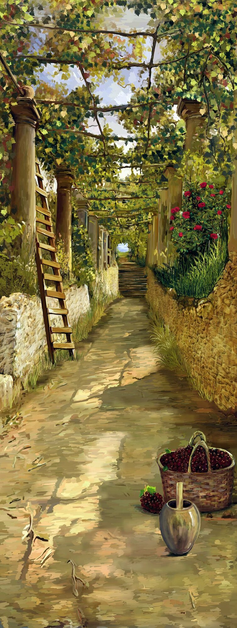 Фотообои Уютная стена "Нарисованная аллея в саду" 100х270 см Бесшовные Премиум (единым полотном)