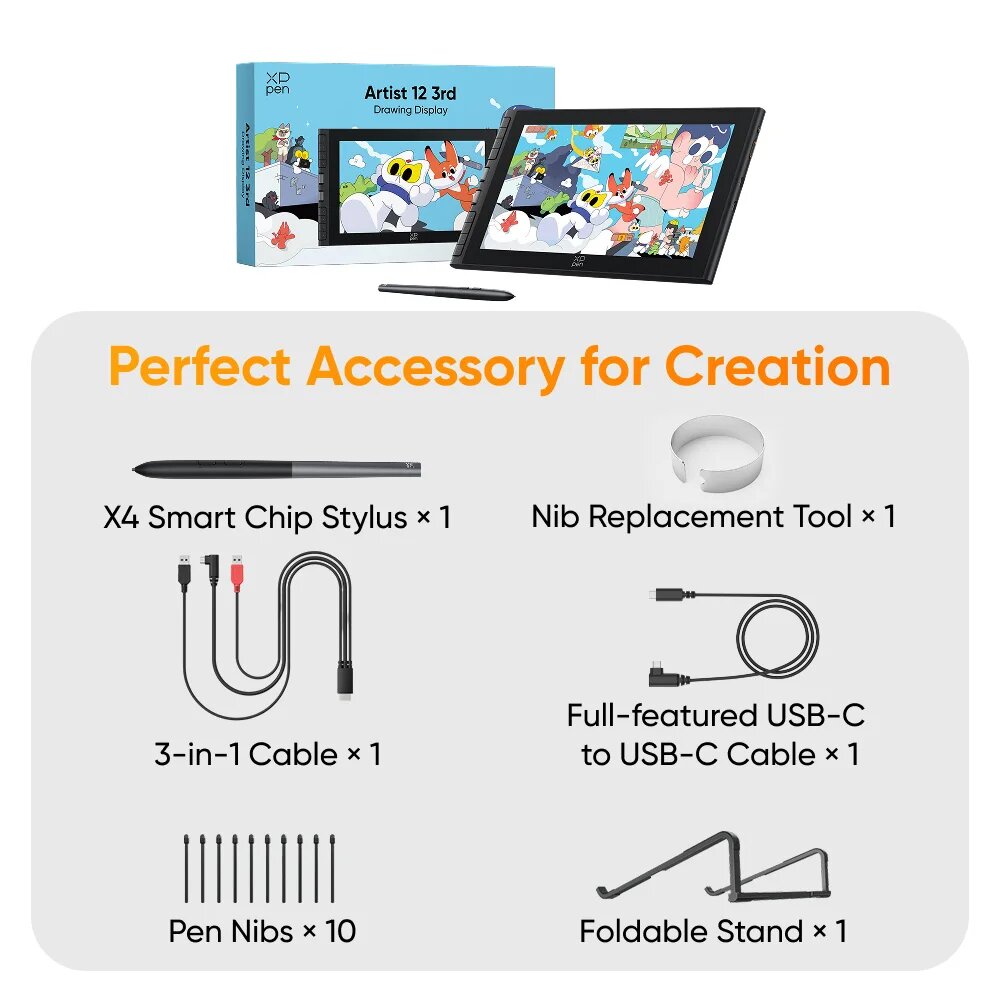 Графический планшет-монитор XPPen Artist 12 (3-го поколения) с дисплеем для рисования, стилусом X4 Smart Stylus, 2 регуляторами, 8 кнопками, портативный, 99% sRGB