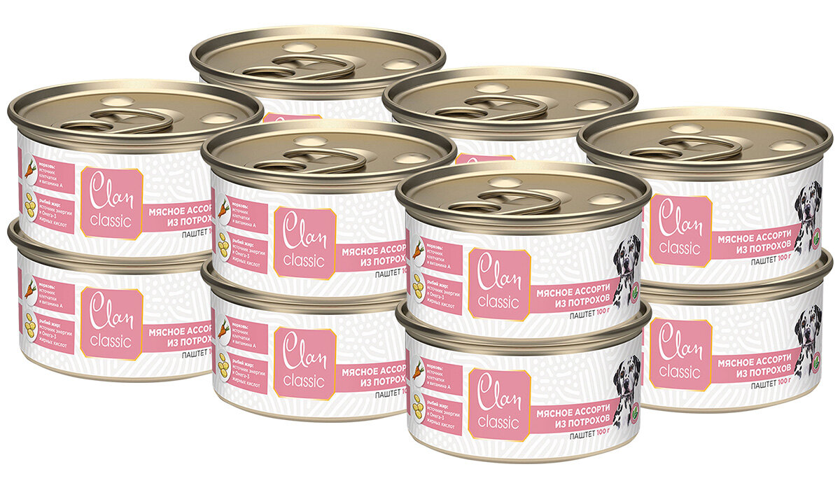 Корм влажный Clan Classic Мясное Ассорти для взрослых собак, потрошки, 100 г х 12 шт
