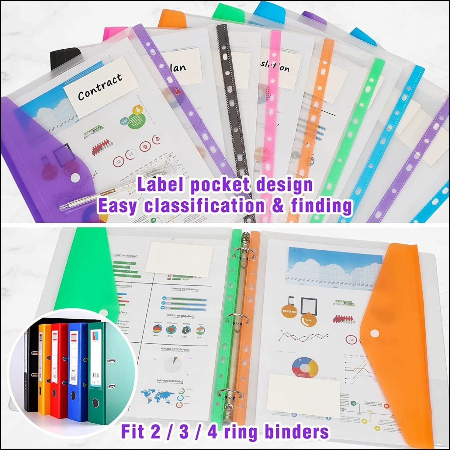 12 шт. конвертов-расширителей формата А4 из прозрачного пластика для папок-скоросшивателей на кольцах, кнопка