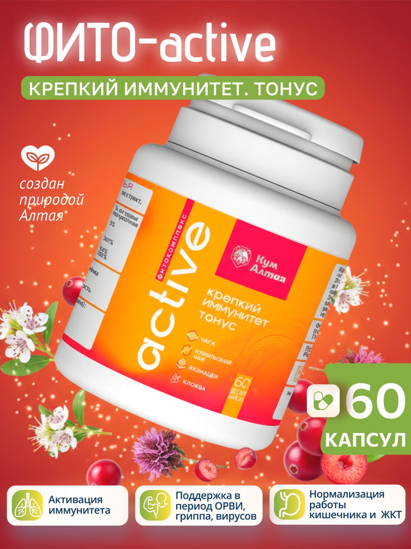 Комплекс КумАлтая "фито-active", для иммунитета и тонуса организма, 60 капсул