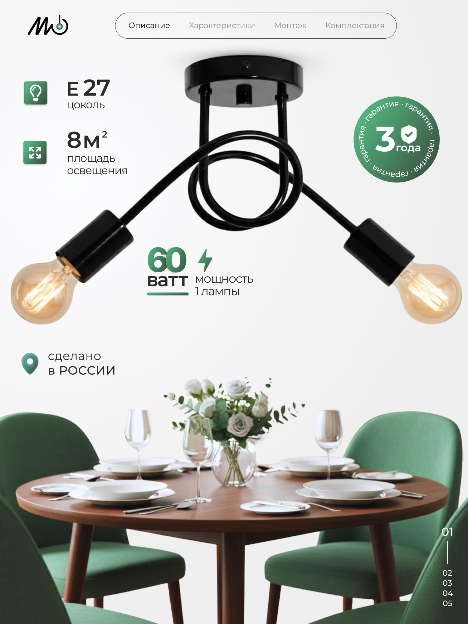 Светильник потолочный в стиле Сканди/Лофт "Дуэт" на (2 лампы) цвет черный