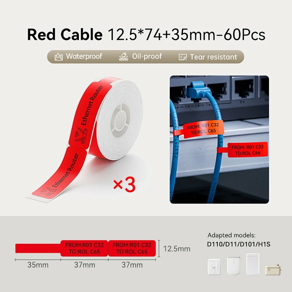Водонепроницаемые этикетки для Niimbot D11 D110 D101 H1S Красный, 3Rolls Red Cable
