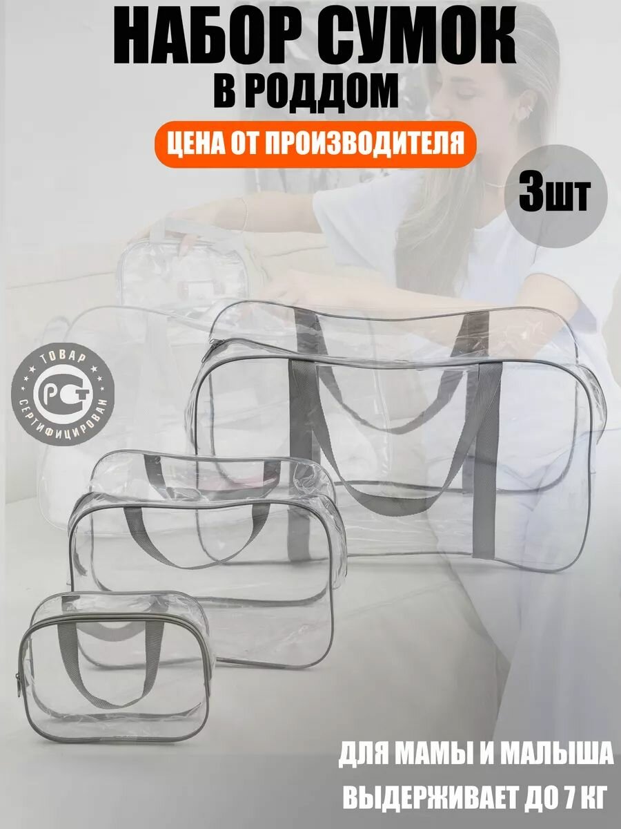 Сумки в роддом прозрачные для беременных набор 3 шт. без наполнения для мамы и малыша