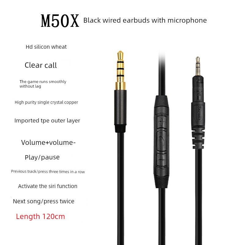 Кабель для наушников Audio-Technica ATH M40X M50X M60X M70X R50X, улучшенный кабель с микрофоном Черный