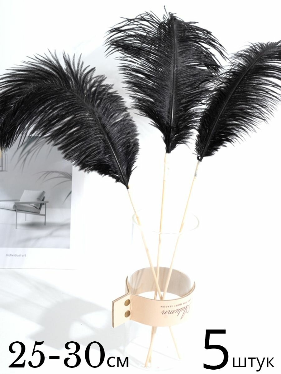 Перья страуса для творчества и декора, 5 штук 25-30 см, натуральные пышные плюмажи для рукоделия, украшений и интерьера