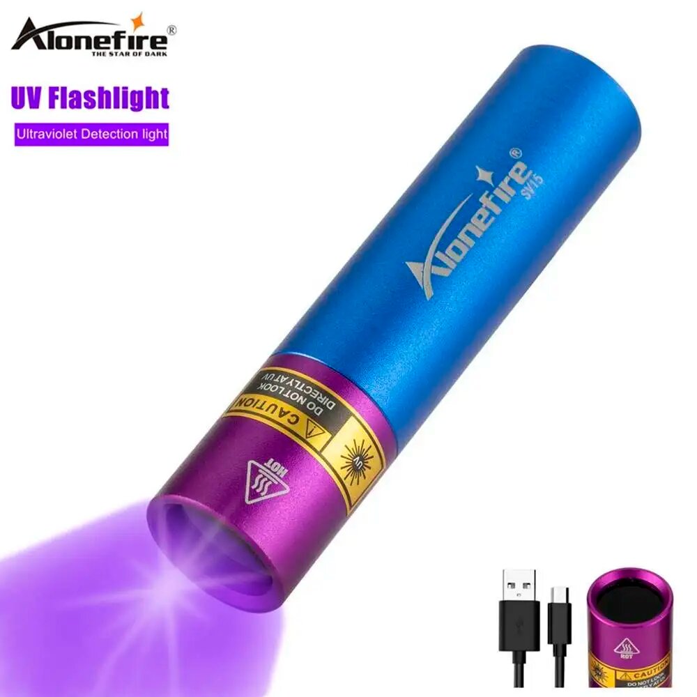 AloneFire SV15 365 нм ультрафиолетовый свет USB перезаряжаемый фонарик руда пятна мочи домашних животных скорпион детектор утечки денег свет