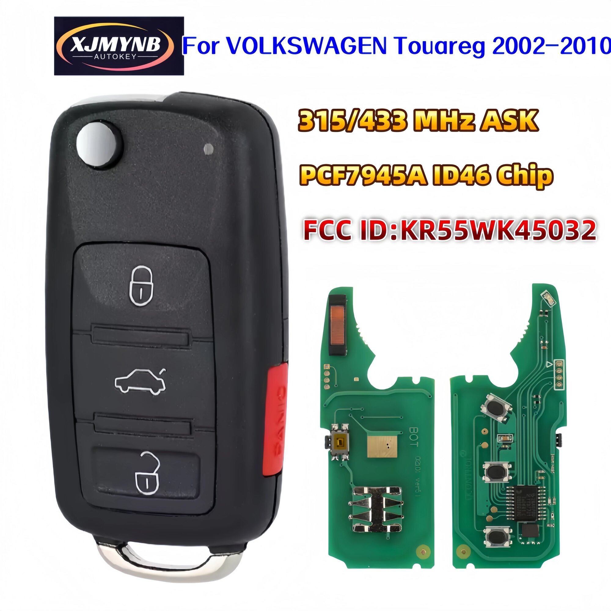 XJMYNB KR55WK45032 бесключевой пульт дистанционного управления, умный автомобильный ключ для VOLKSWAGEN Touareg 2002-2010, 4 кнопки, 315/433 МГц, ID46 PCF7945A чип 433 MHz
