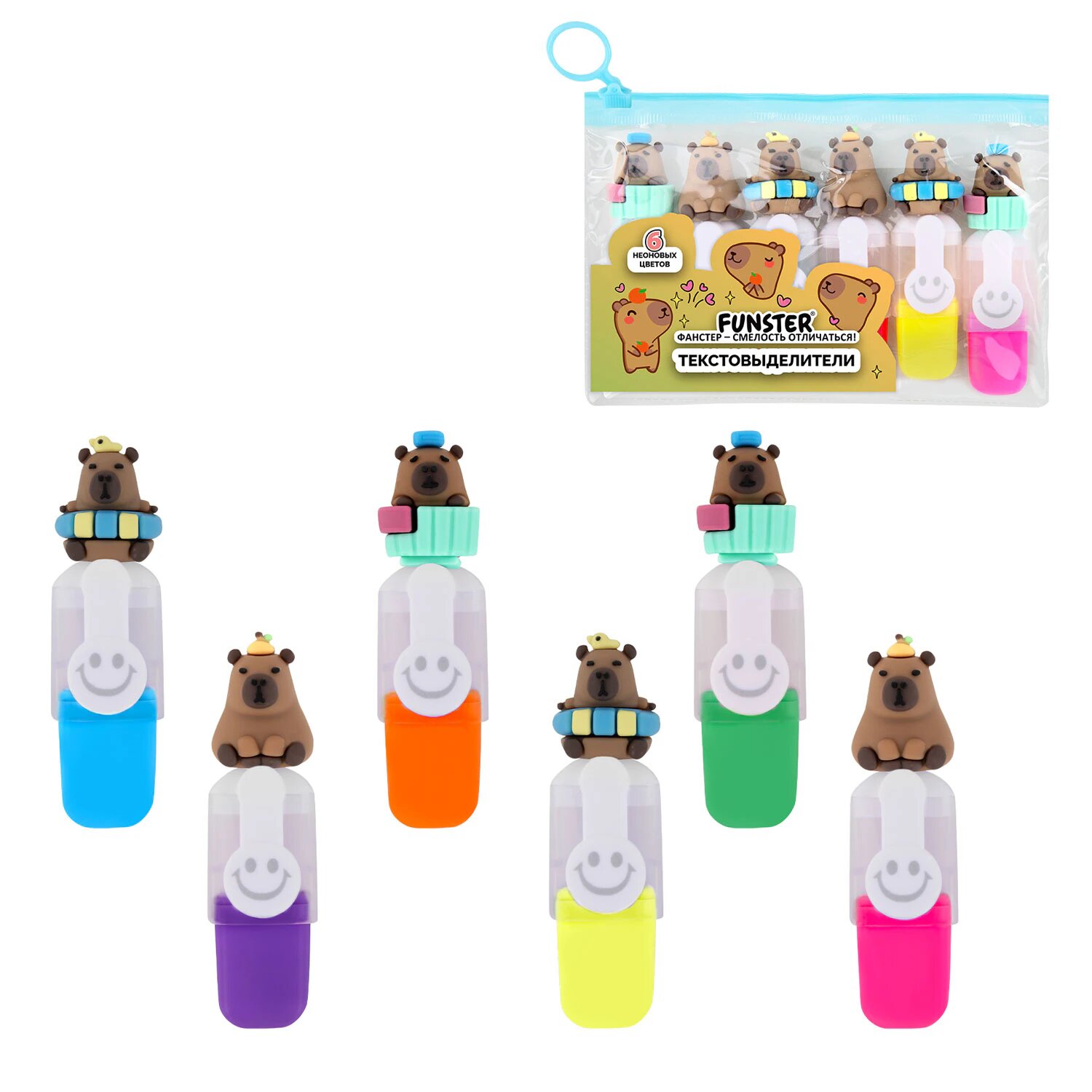 Набор текстовыделителей с топперами 6 цветов неон, "капибары", линия 1-4 мм, FUNSTER (фанстер), 152646